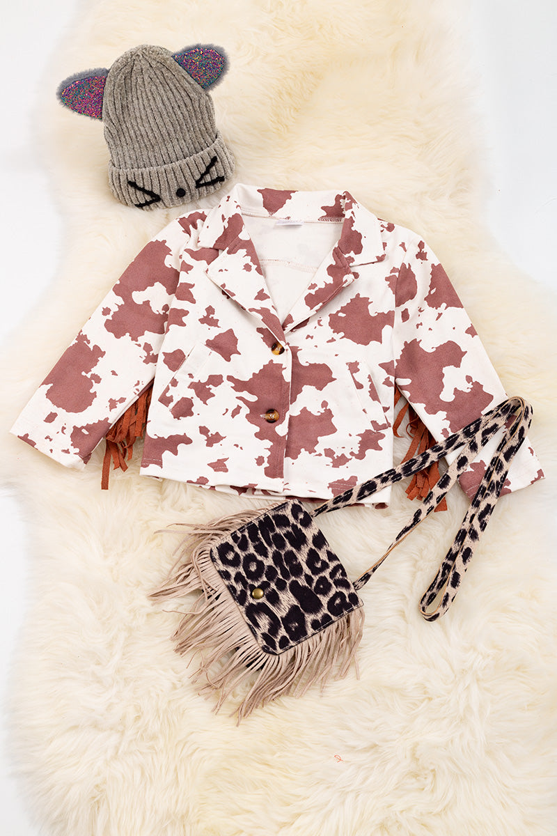 💎Faux suede cow printed blazer w/ fringe detail. TPG60153008 WENDY-W ...