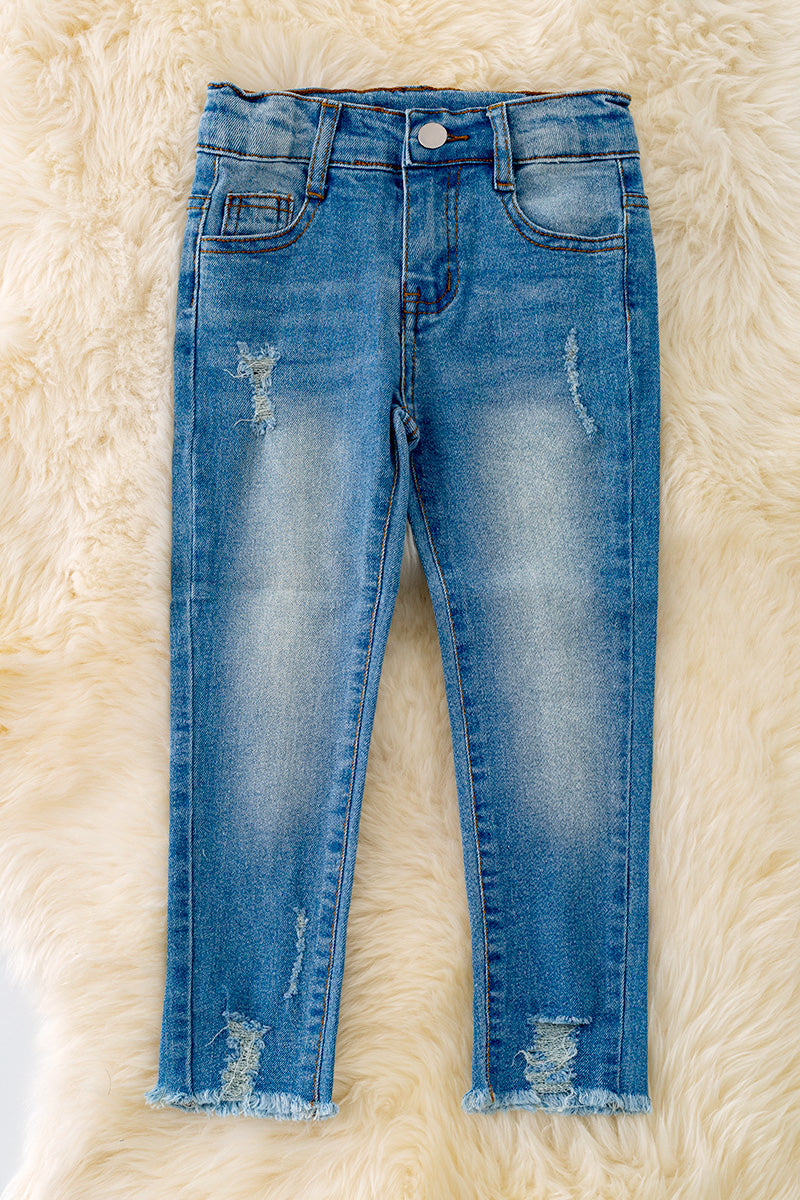 Girls denim pants with distressed hem. PNG40198 AMY – KIDSCHARMONLINE.COM