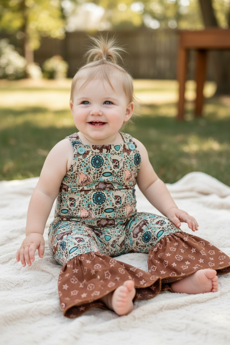 Concho & cow tag printed baby romper. SR101506-AMY – KIDSCHARMONLINE.COM