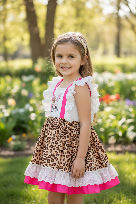 Easter rabbit/ cheetah printed flare dress with fuchsia trim. DRG60212 ...