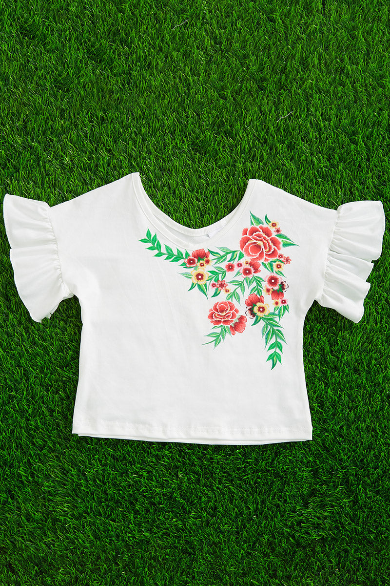 SIMULATED EMBROIDERED FLOWER GIRLS TOP WITH RUFFLE SLEEVES. TPG2514230 ...