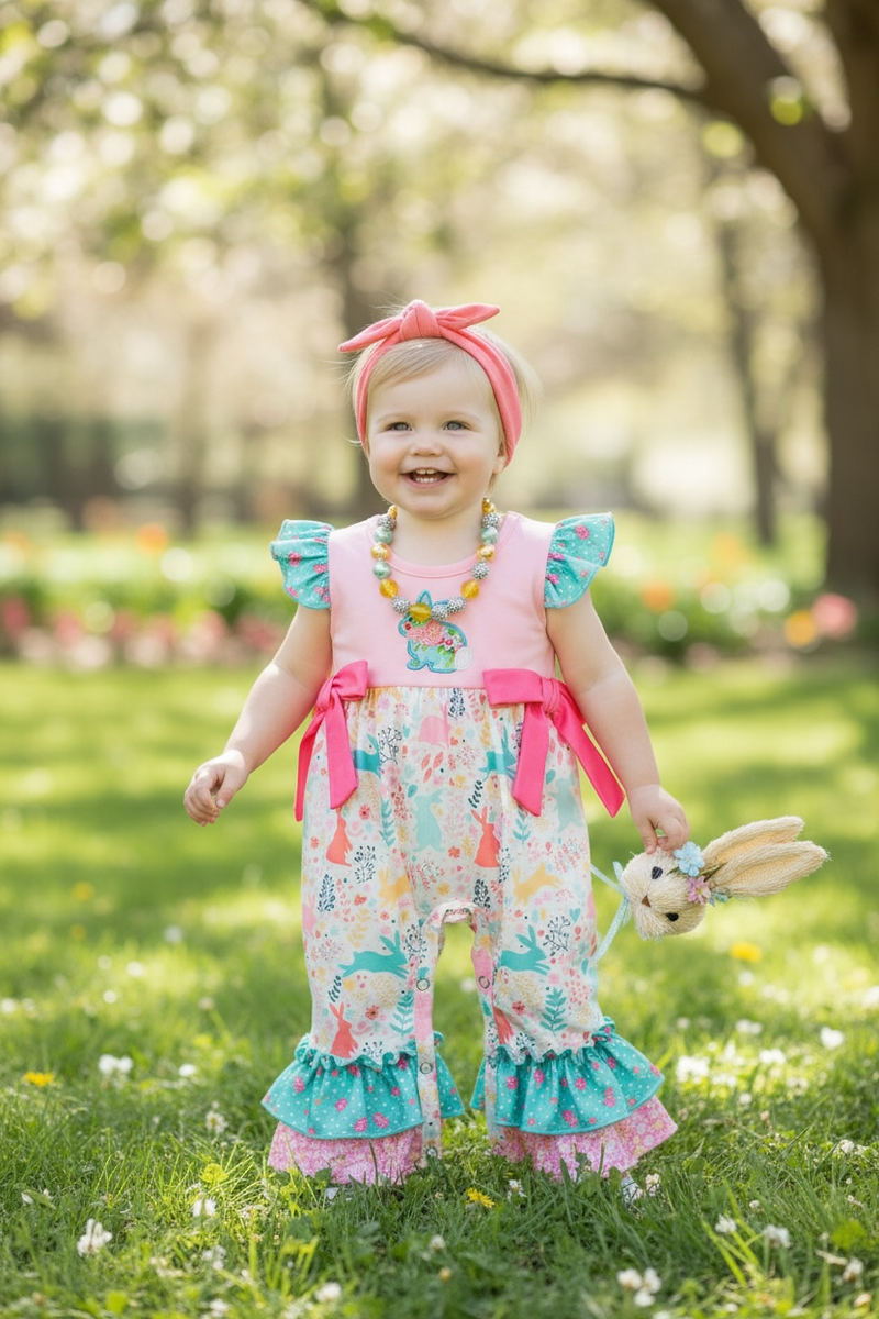 Easter bunny printed baby romper. RPG60231 JEAN – KIDSCHARMONLINE.COM