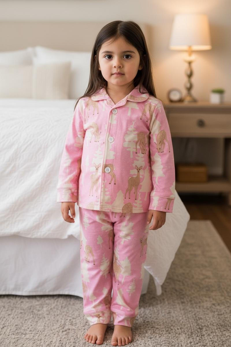 🎟️Christmas tree printed on pink girls pajamas. GLP080707-AMY ...